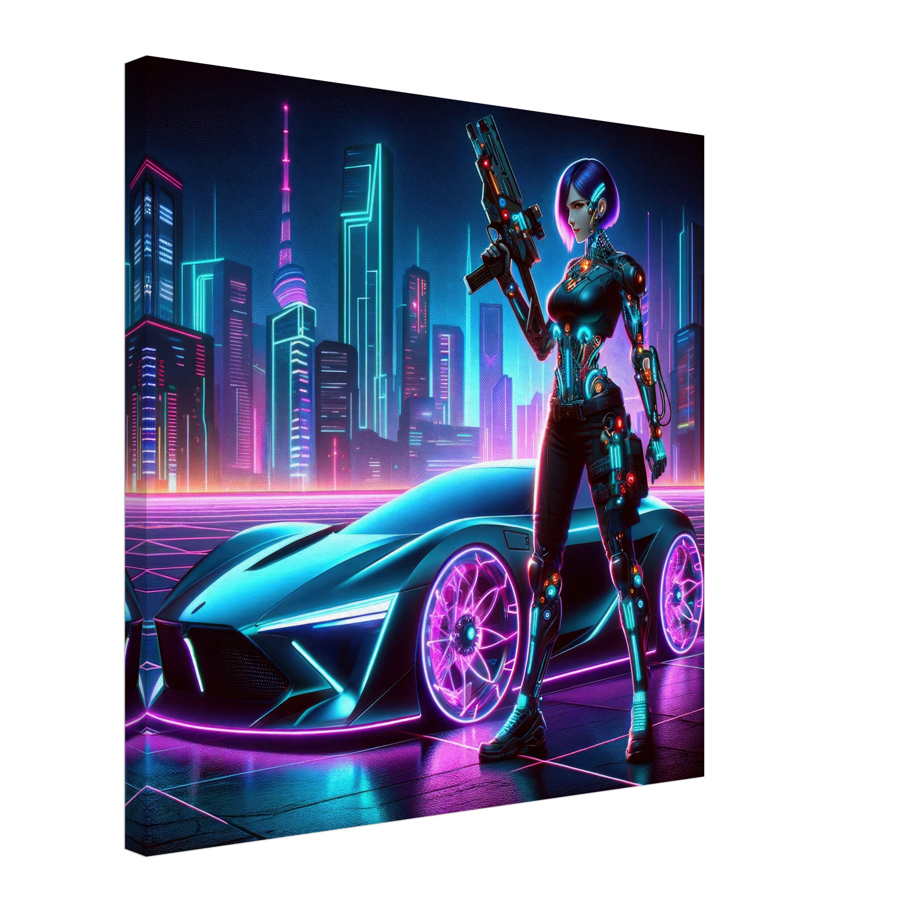 Cyberpunk Styled Netrunner Girl Next to Her Neon Car Canvas - Etsy