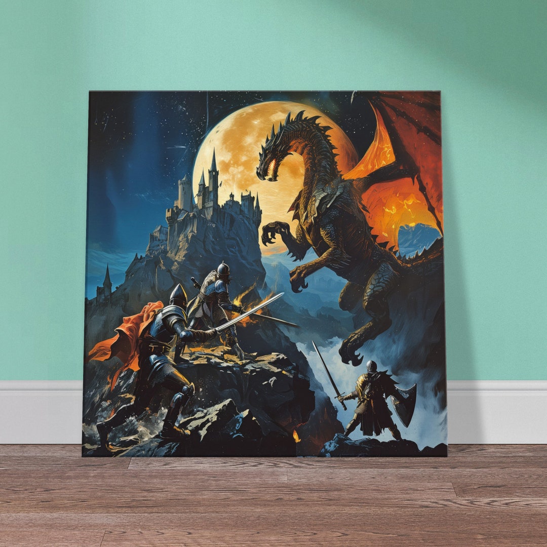 Canvas/poster Moonlit Dragon Standoff Epic Fantasy Battle Art Wall Art ...