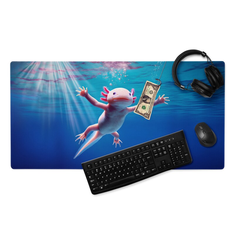 Gaming Mouse Pad Cute Pink Axolotl Swimming Towards a Dollar Bill, in ...