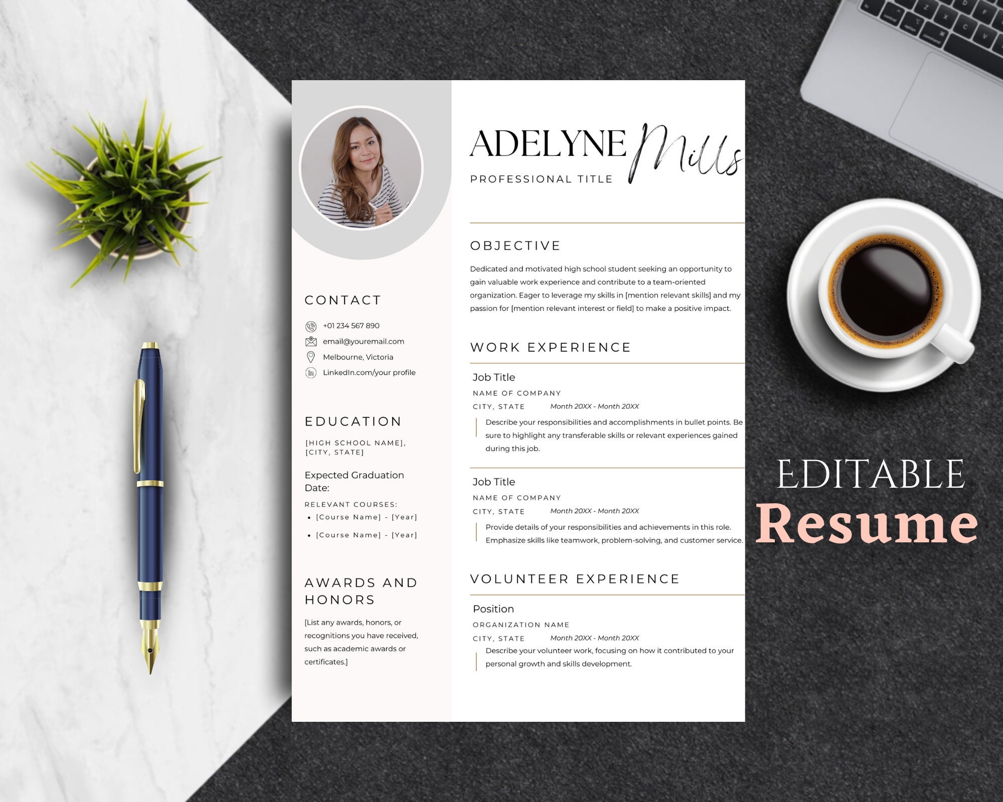 High School Resume Template, Professional Resume Template, Editable ...