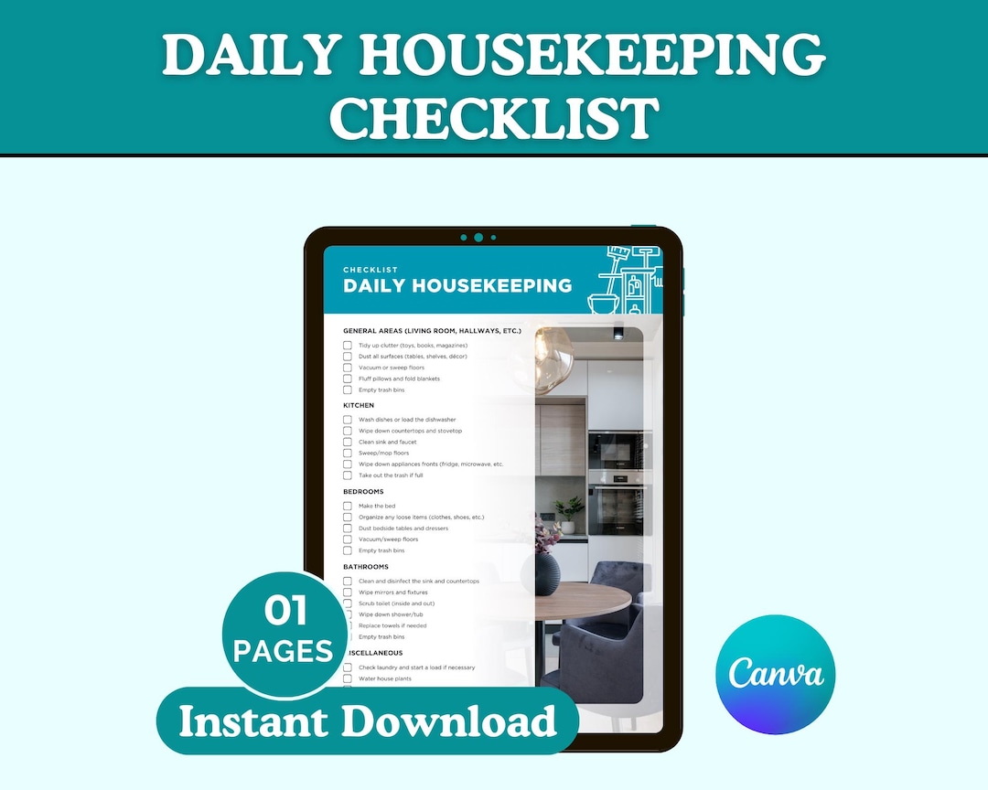 Daily Housekeeping Checklist, Daily Routine Checklist, Kitchen Bedroom ...