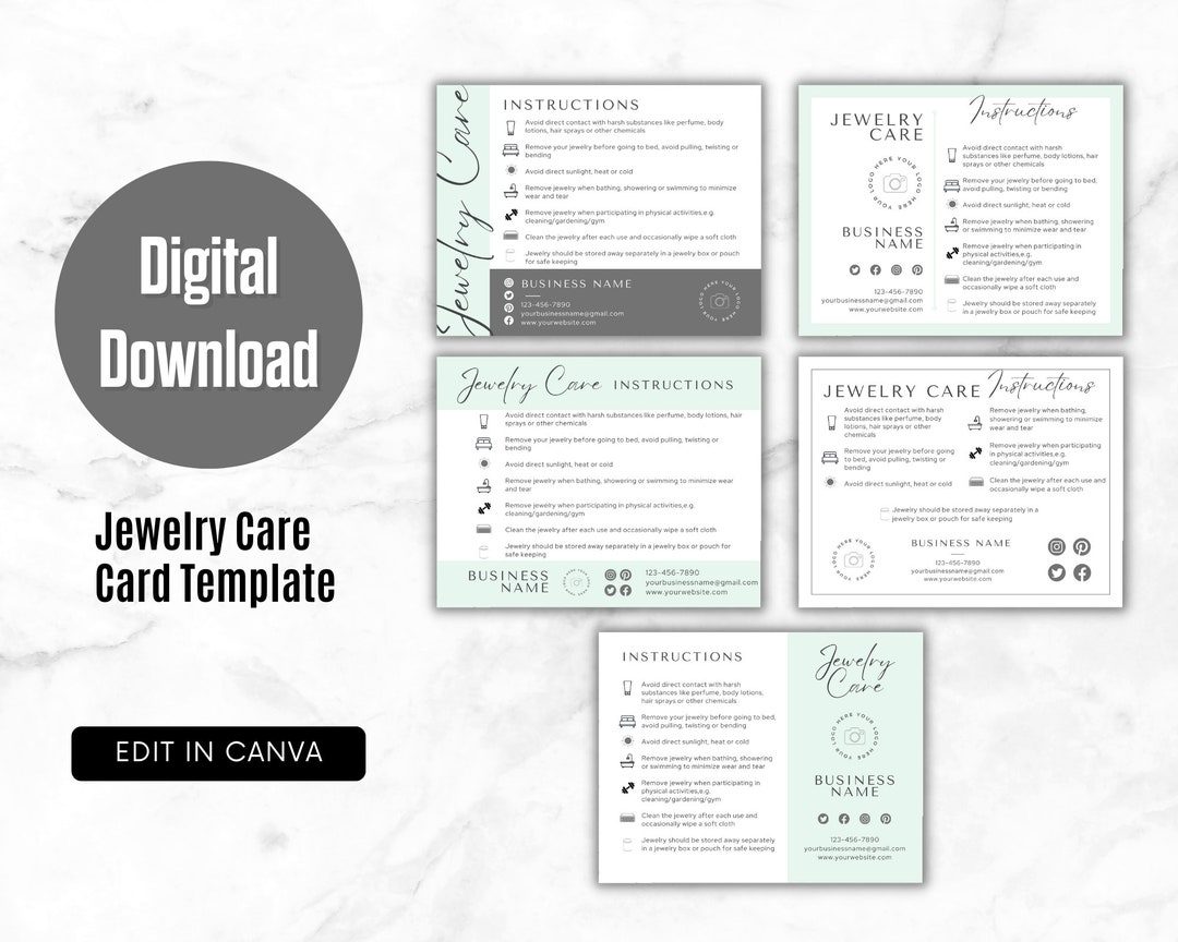 Customizable Jewelry Care Cards: Printable Canva Template for Small ...