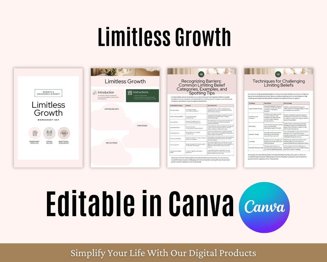 Growth Mindset Worksheet Template, Limitless Growth Worksheet PDF, Editable Canva Template ...