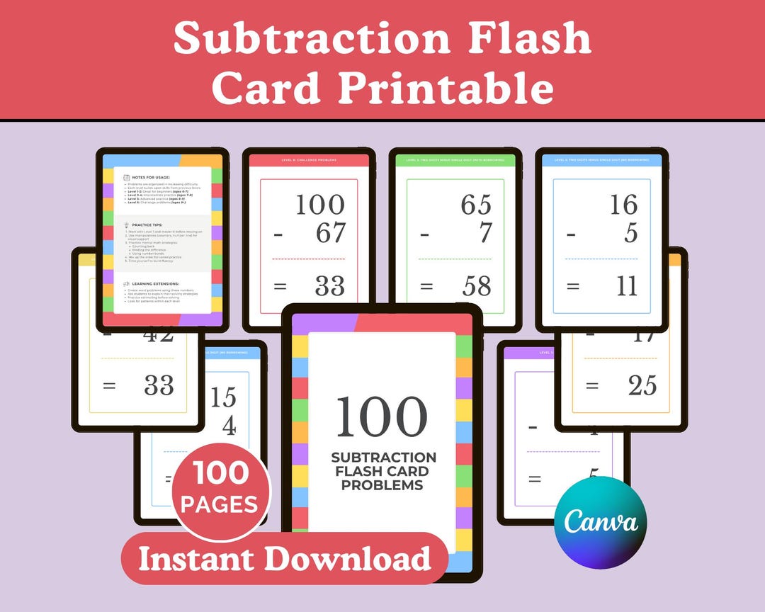 100 Subtraction Flash Card Printable, Math Problem Task Card, Printable ...