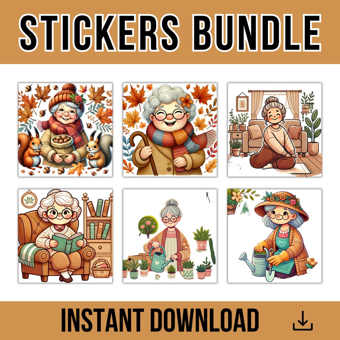 Cartoon Old Lady Stickers Pack, Aesthetic Grandmother Stickers, Water ...