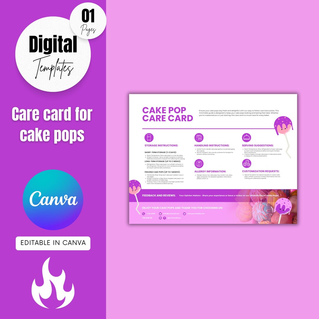 Editable Cake Pops Care Card Template: Printable Instructions for Treat ...
