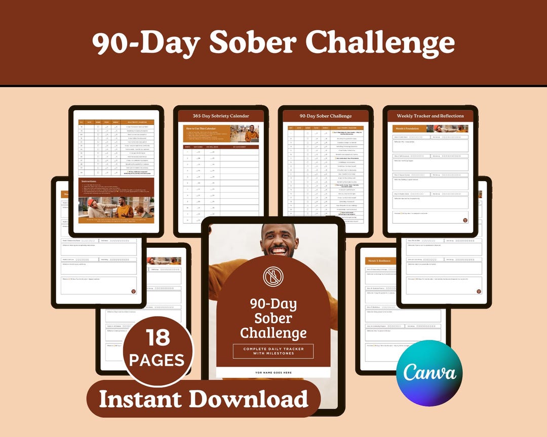 90 Days Sober Challenge, Printable Challenge Tracker, Monthly Growth ...