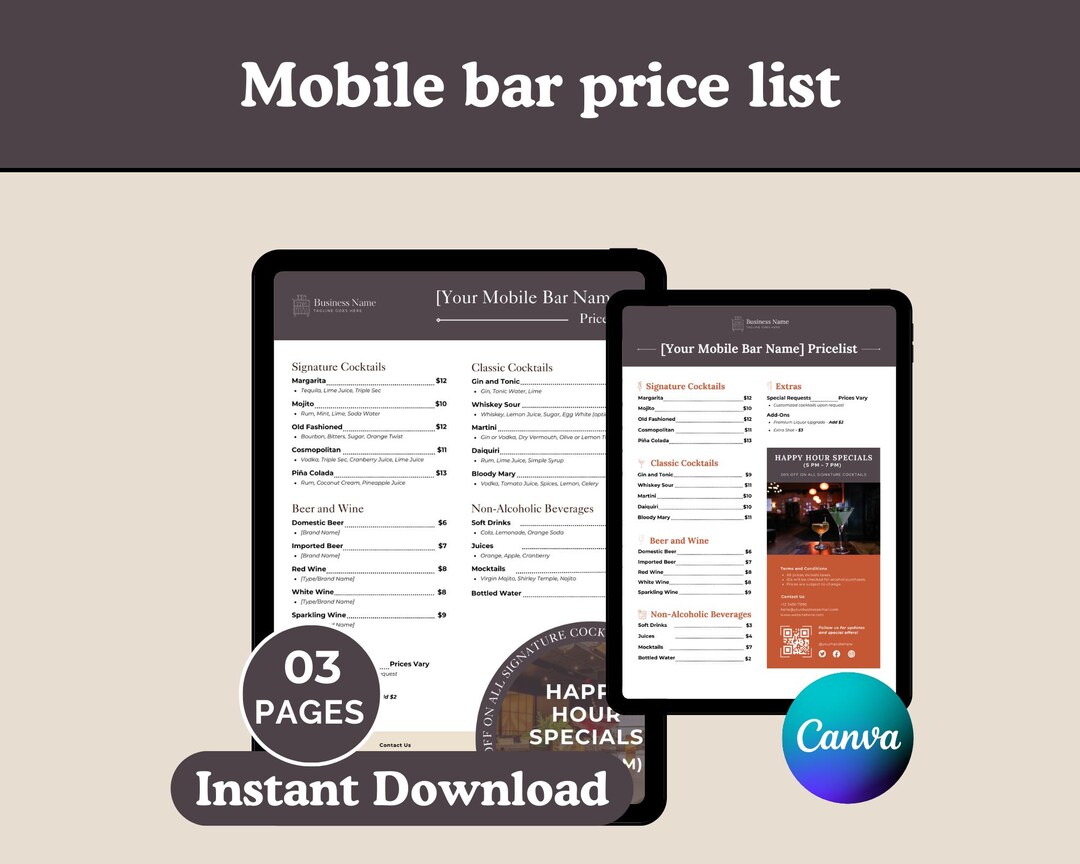 Mobile Bar Price List Template, Bar Menu Design Template, Editable ...
