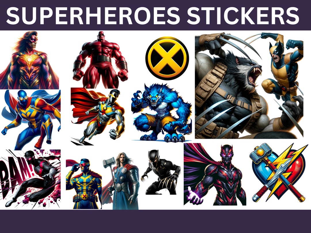 Super Hero Cartoon Stickers, Assorted Super Heroes Stickers, Digital ...
