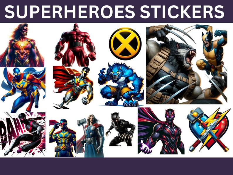 Super Hero Cartoon Stickers, Assorted Super Heroes Stickers, Digital ...