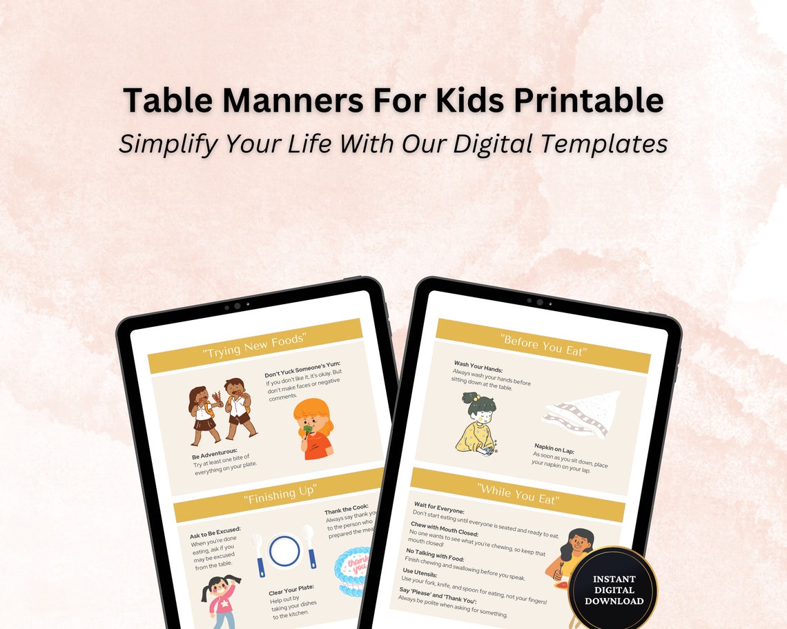 Table Manners for Kids Printable, Kids Table Guide, Learning Guide for ...