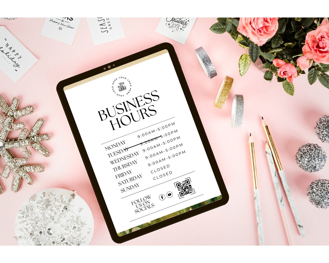 Editable Business Hours Sign: Sleek Storefront Display Template for ...