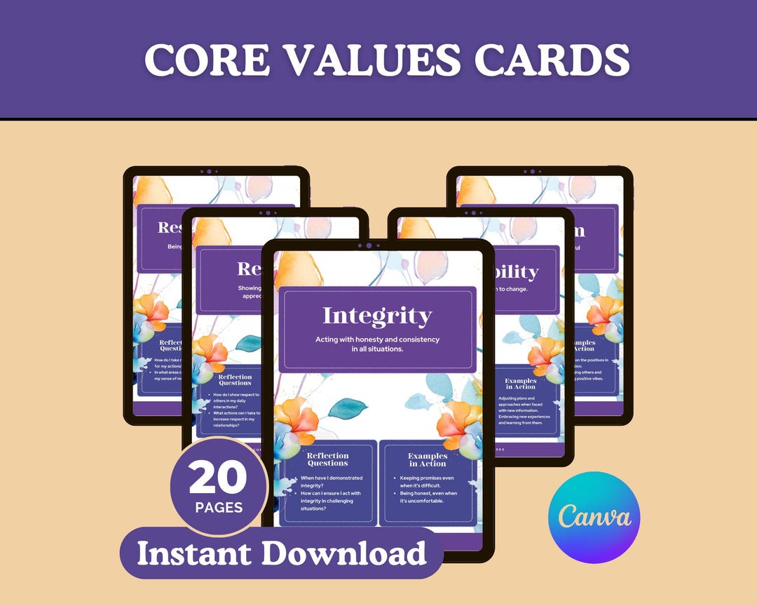 Core Values Cards, Printable Core Values Cards, Self Improvement ...