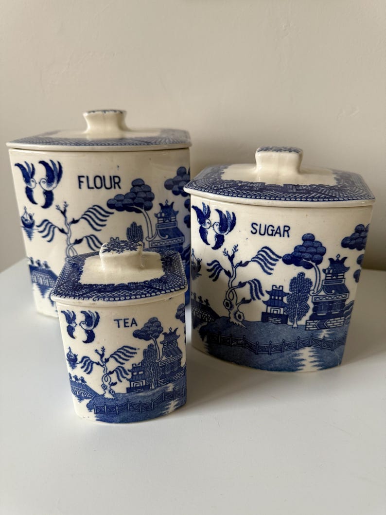 Vintage Blue Willow Canister Set, Blue and White Chinese Tea, Coffee ...