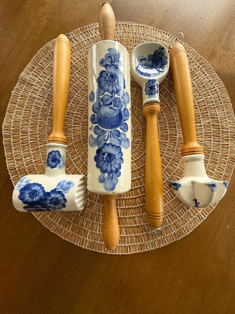 Vintage Blue and White Utensil Set, Antique Cookware Dutch German Blue ...
