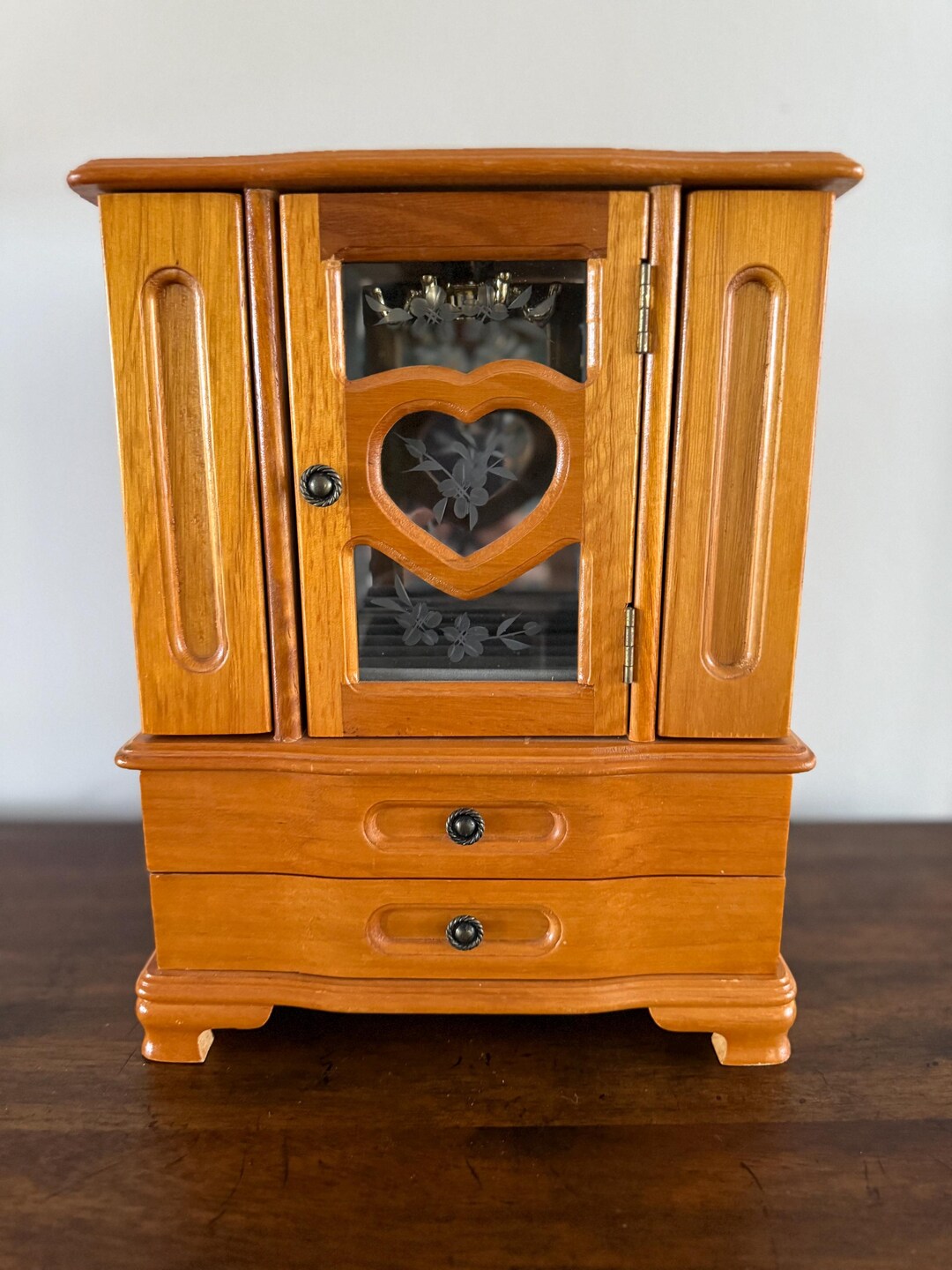 Vintage Jewelry Box Armoire Wood Stained Floral Etched Glass Door 2 ...