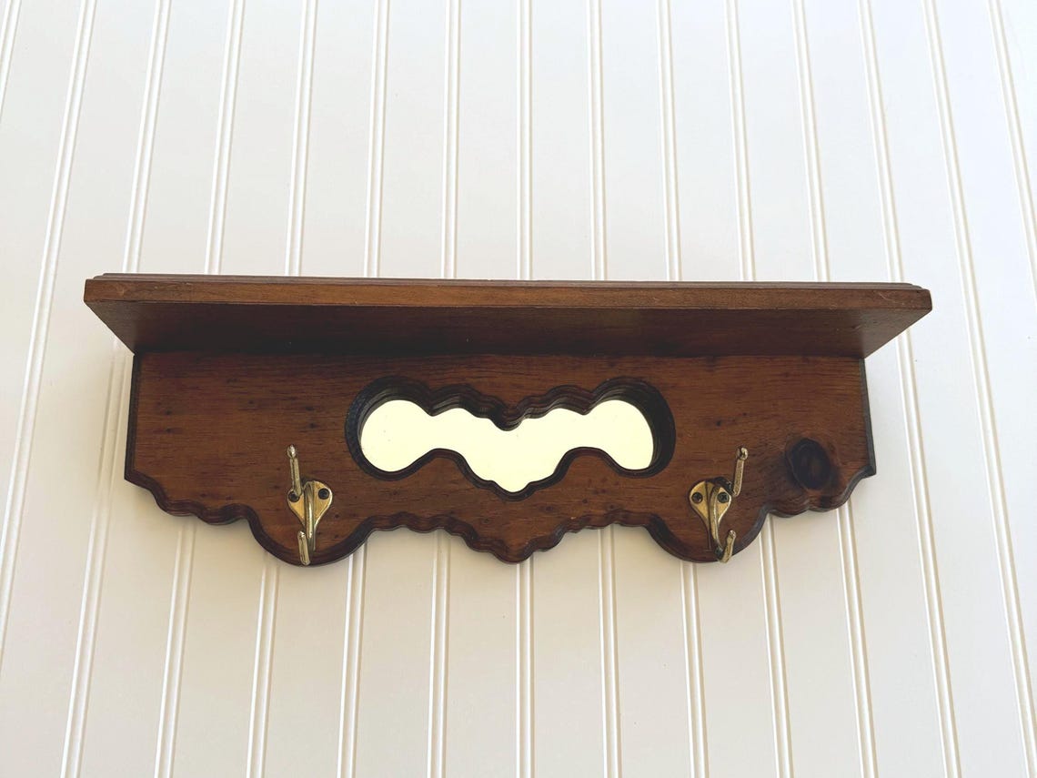 Vintage 70s Wood Shelf With Mirror & Hooks for Plants Trinkets Knick ...