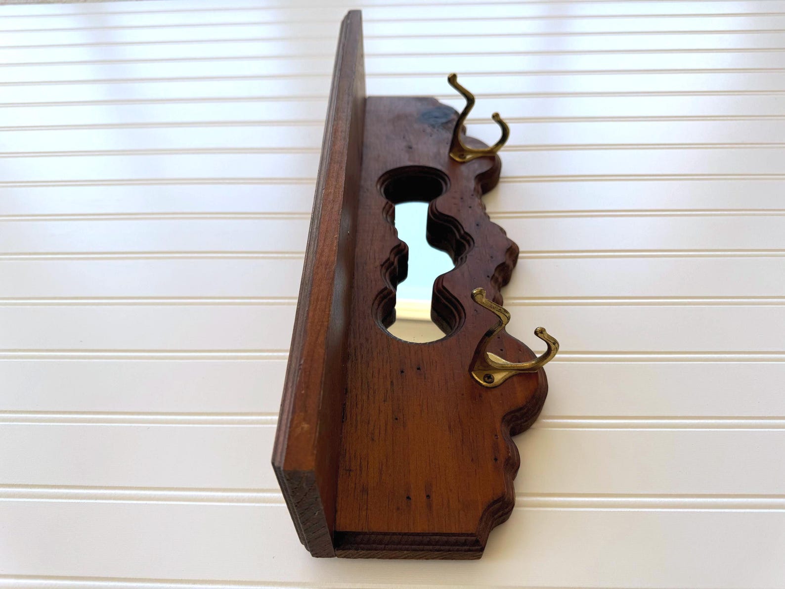 Vintage 70s Wood Shelf With Mirror & Hooks for Plants Trinkets Knick ...