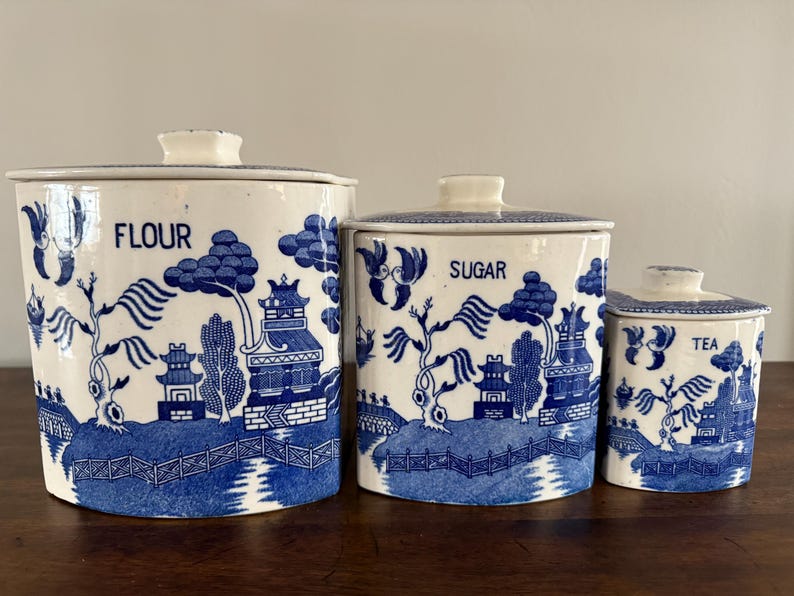 Vintage Blue Willow Canister Set, Blue and White Chinese Tea, Coffee ...