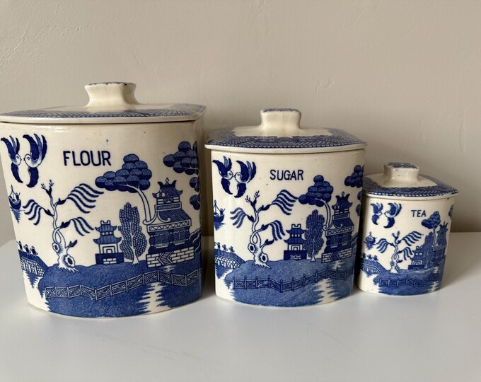Vintage Blue Willow Canister Set, Blue and White Chinese Tea, Coffee ...