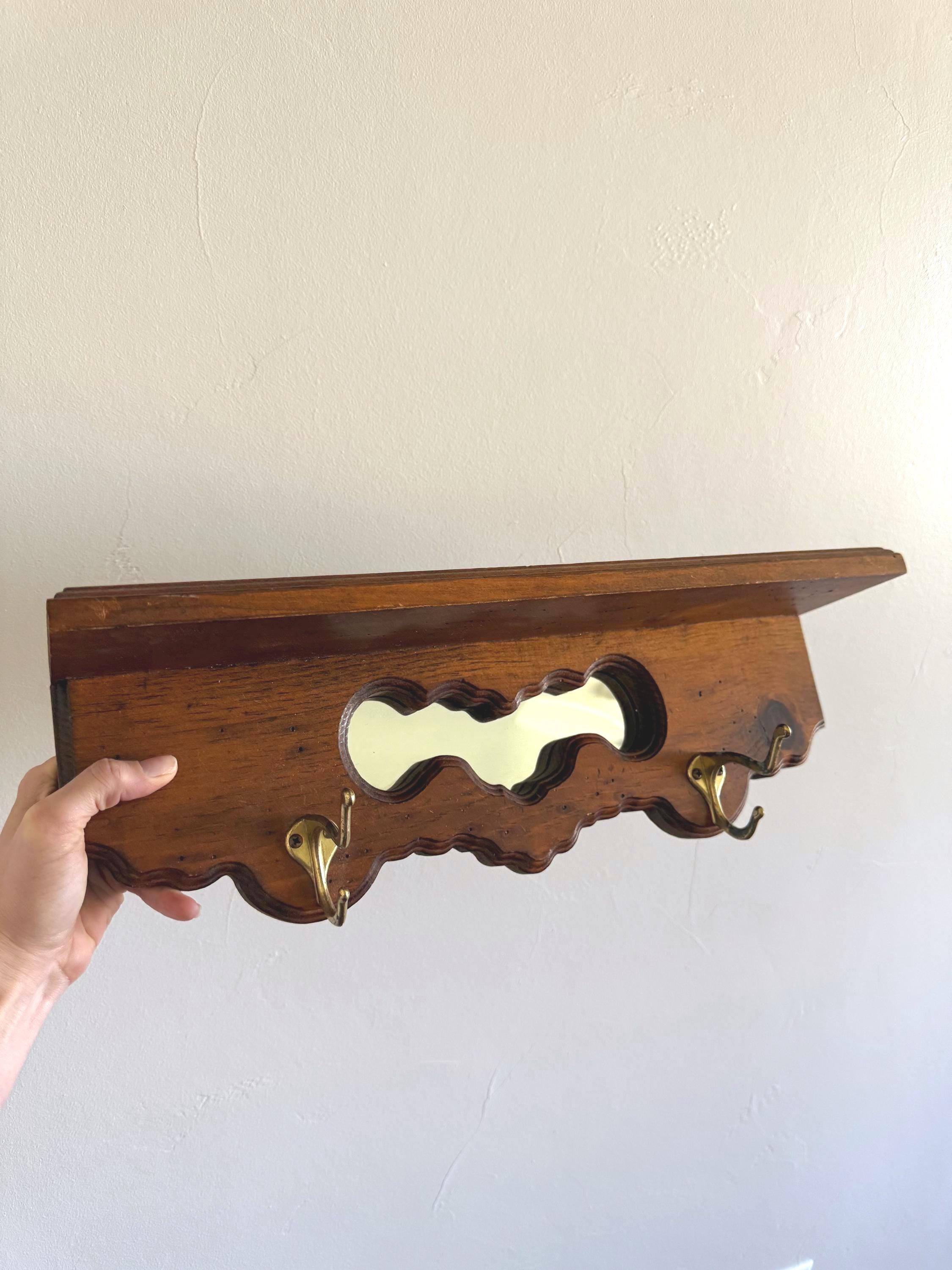 Vintage 70s Wood Shelf With Mirror & Hooks for Plants Trinkets Knick ...