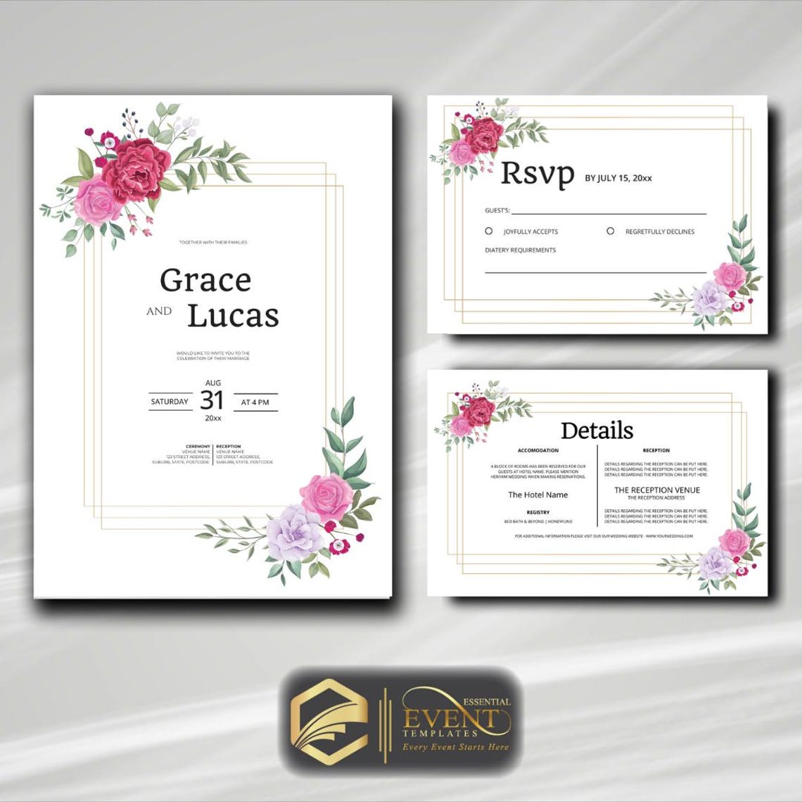 Floral Pink Gold Wedding Invitation Template, Editable Wedding Suite ...