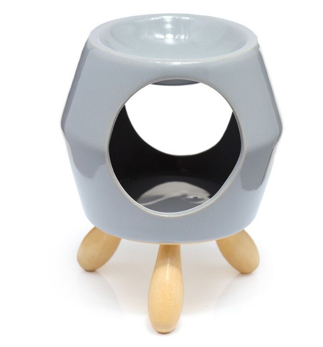NEW GREY Ceramic Oil Burner With Wooden Feet/ Wax Melt Gift Box / Oil ...
