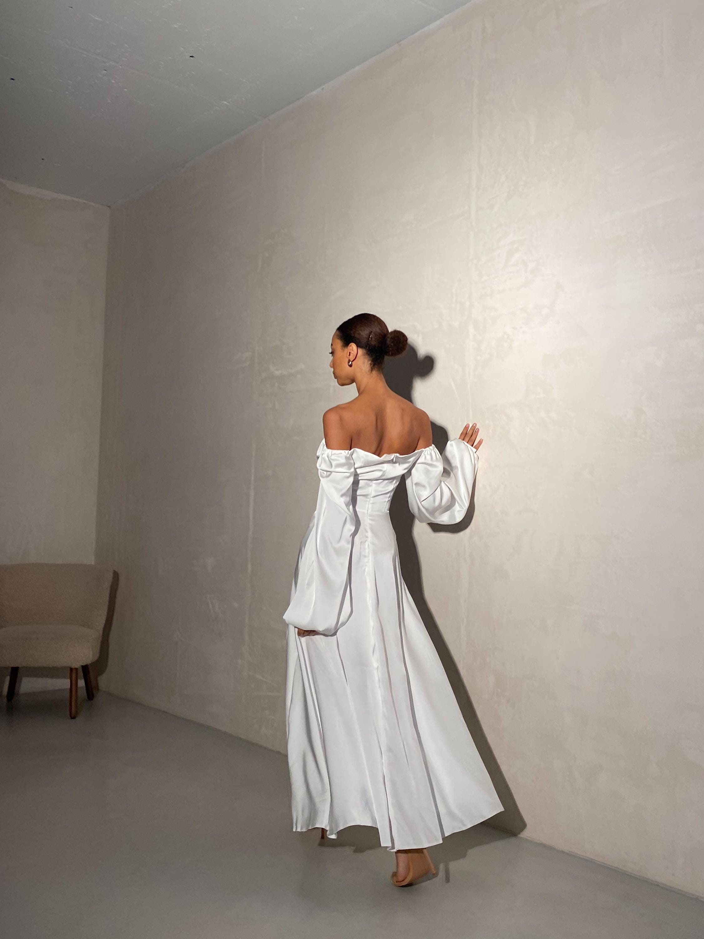 Elegant White Maxi Dress - Off-shoulder Silky Italian Satin Gown With ...