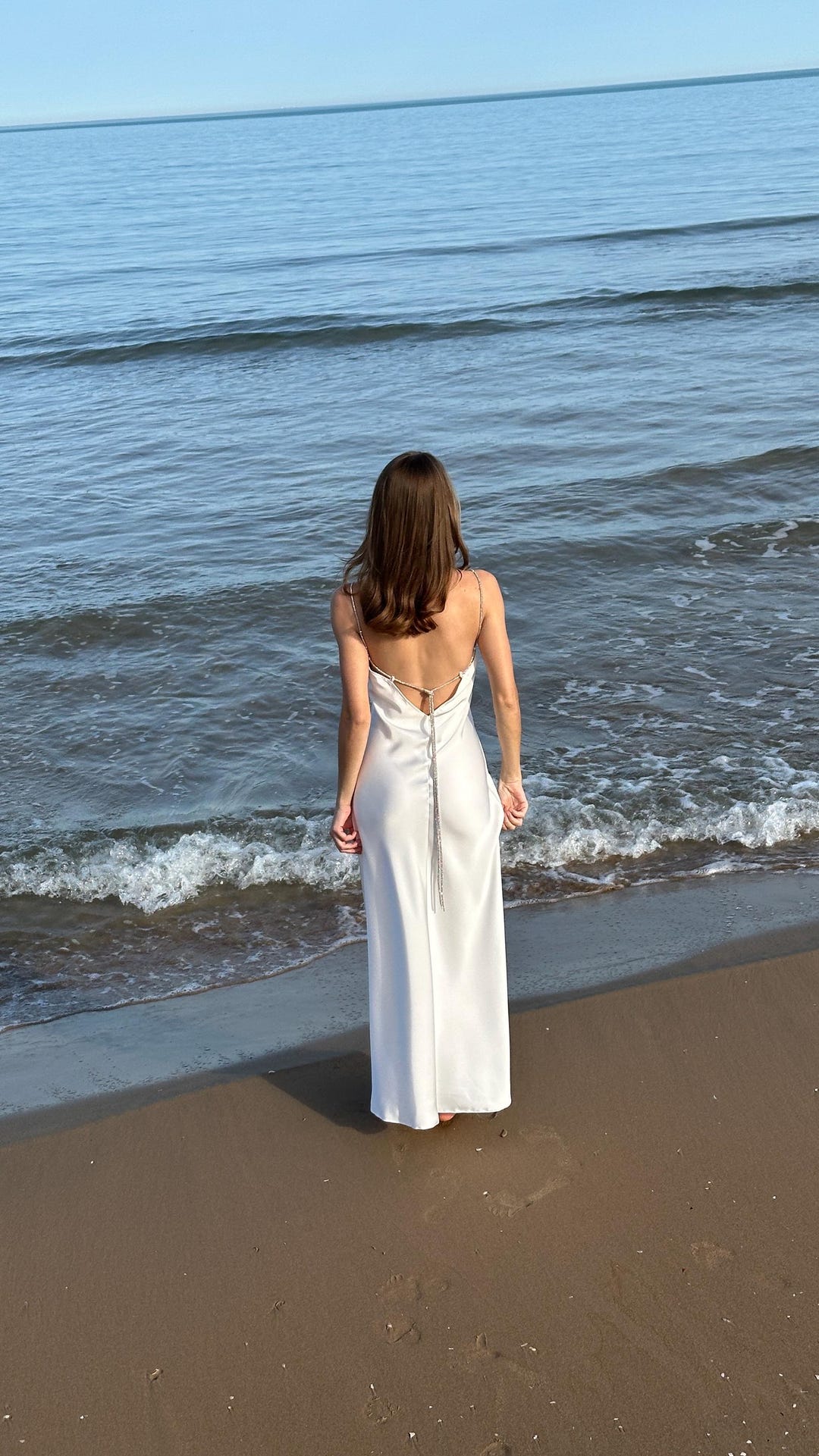 White Silk Satin Dress With Adjustable Rhinestone Back Straps, Handmade ...