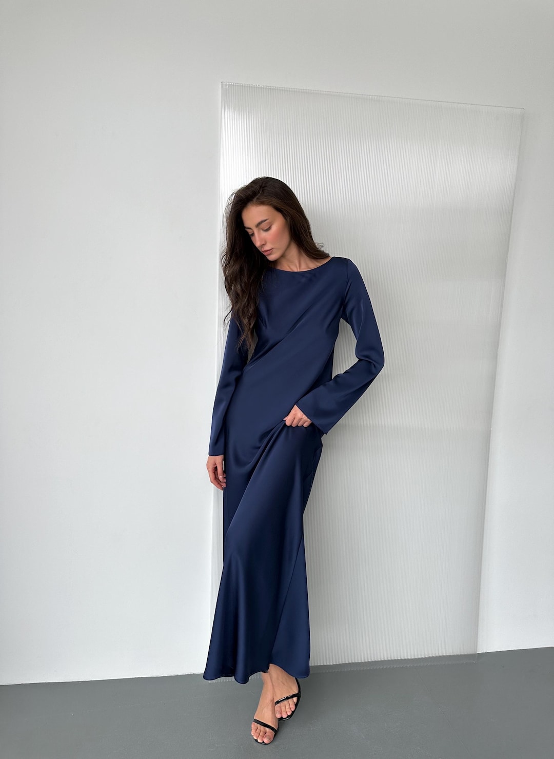Navy Blue Maxi Dress in Premium Italian Silk Satin - Etsy