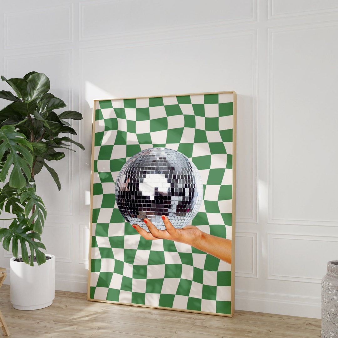 Retro Disco Ball Print, Trendy Checker Board Funky Hand Vintage Green ...