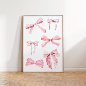 Trendy Pink Bow Print, Coquette Cute Girly Wall Art, Preppy Watercolor ...