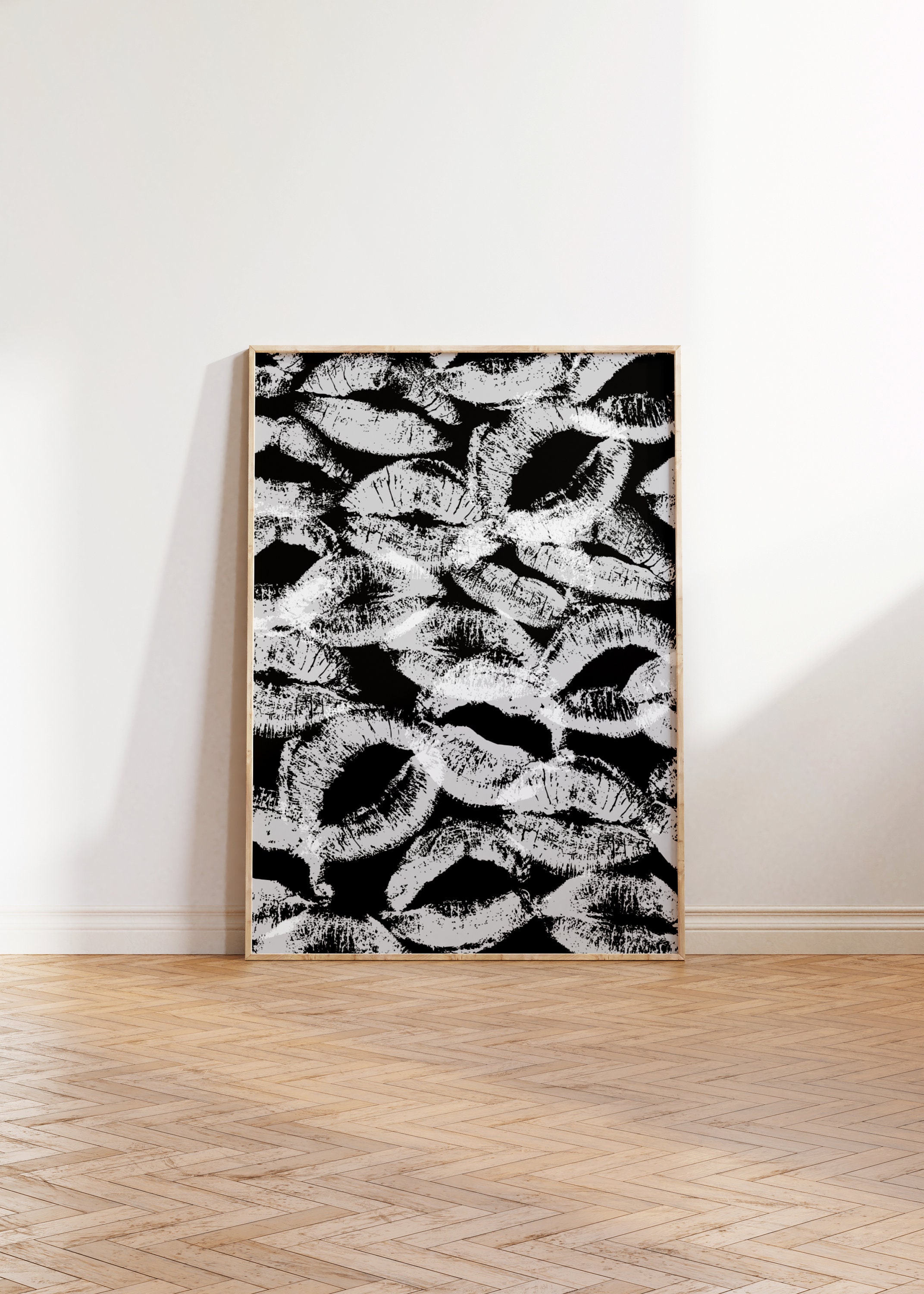 Trendy Lipstick Kisses Print, Y2k Funky Wall Art, White Black Mouth ...