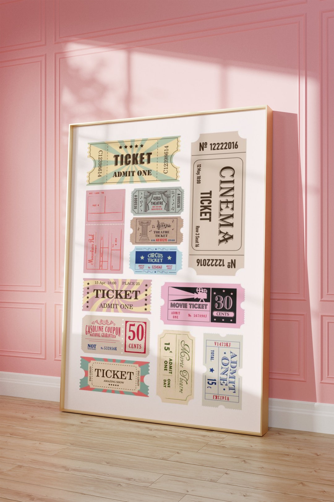 Tickets Print, Trendy Retro Coupon Cinema Theater Ticket, Preppy Pastel ...