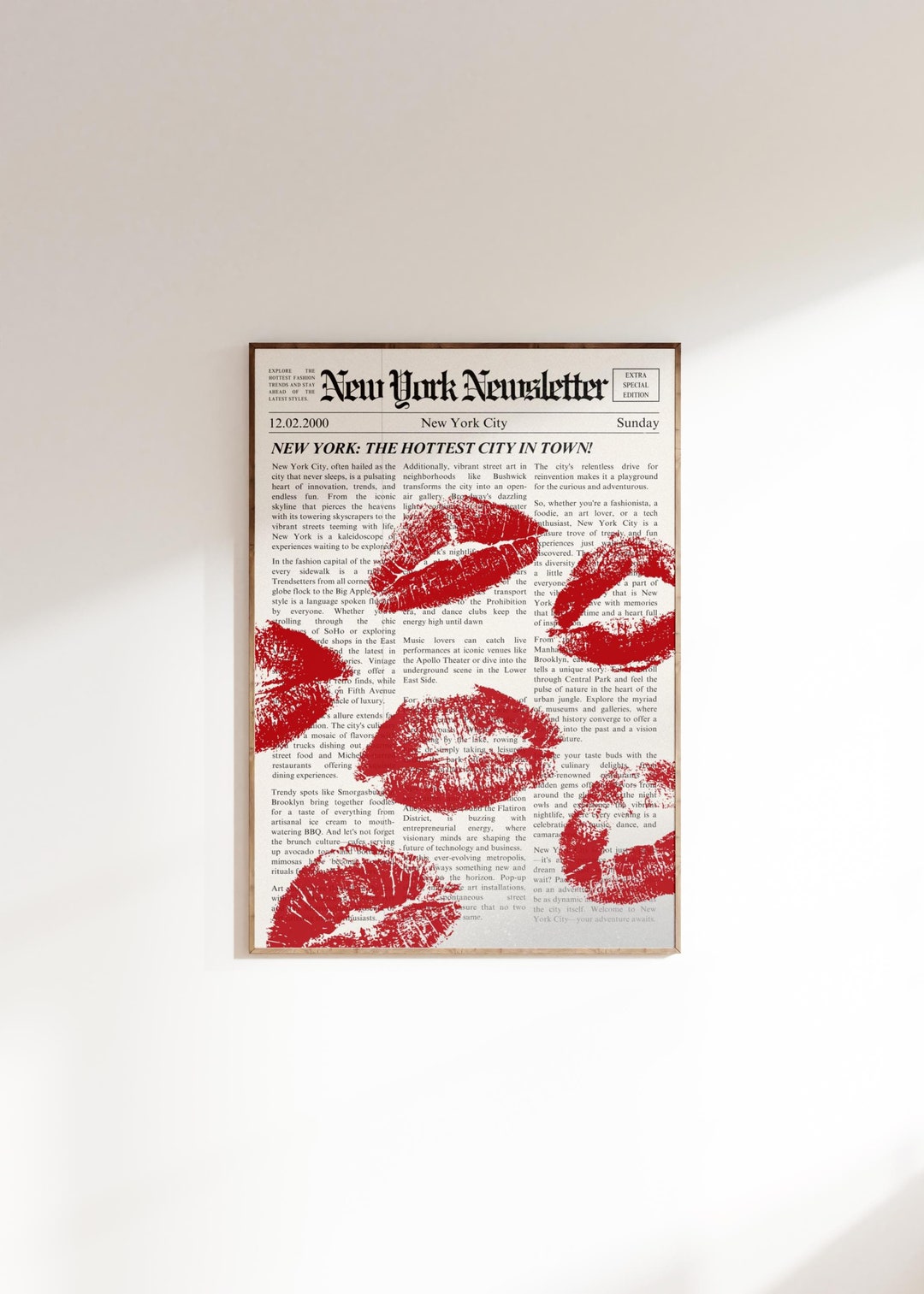 Retro Newspaper Print New York Red Lipstick Kisses Newsletter Wall Art ...