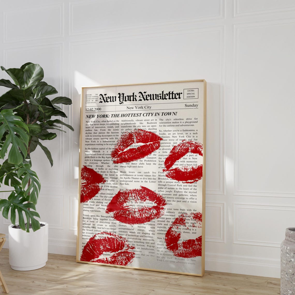 Retro Newspaper Print New York Red Lipstick Kisses Newsletter Wall Art ...