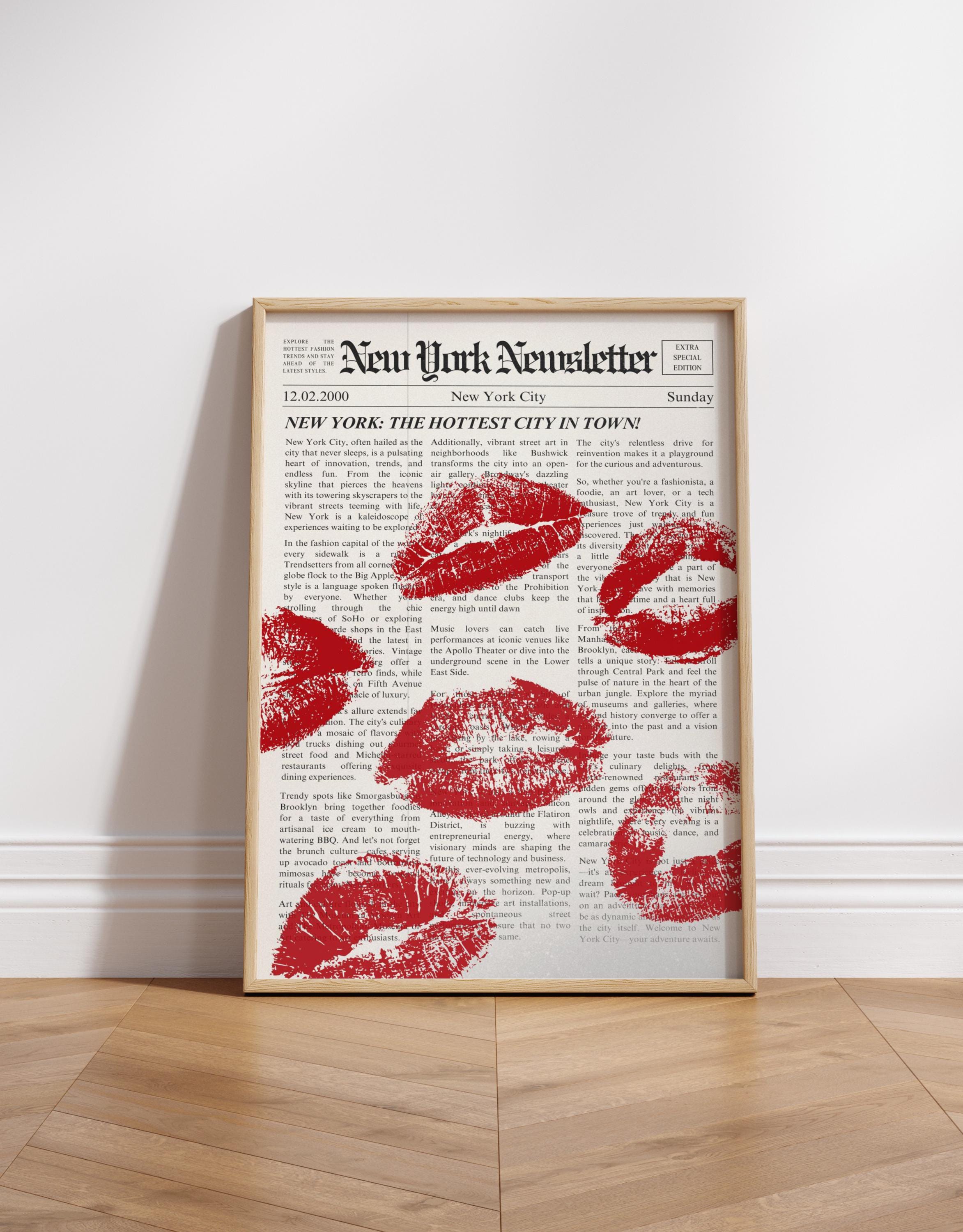 Retro Newspaper Print New York Red Lipstick Kisses Newsletter Wall Art ...