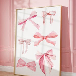 Trendy Pink Bow Print, Coquette Cute Girly Wall Art, Preppy Watercolor ...