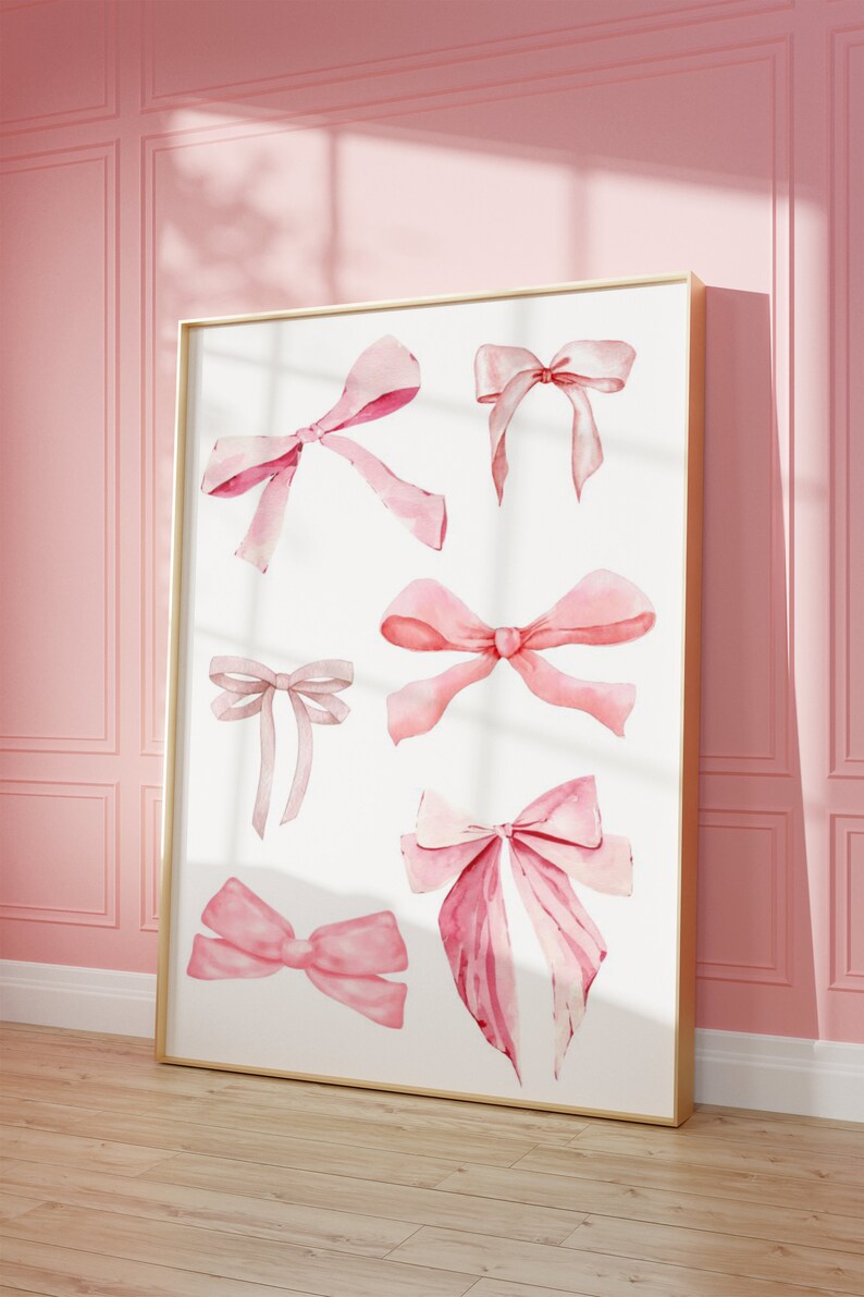 Trendy Pink Bow Print, Coquette Cute Girly Wall Art, Preppy Watercolor ...