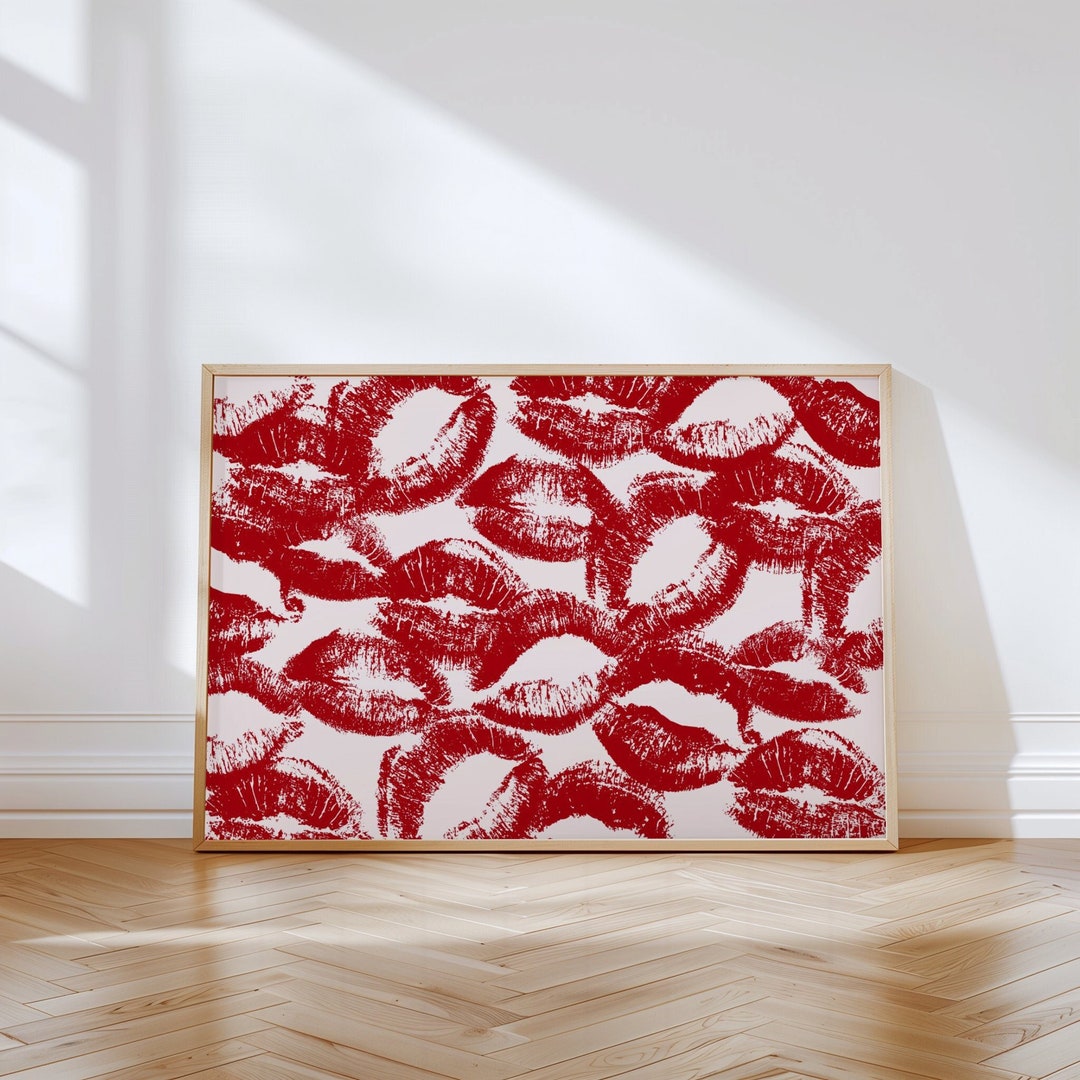 Trendy Lipstick Kisses Print, Y2k Funky Wall Art Red Mouth Kisses ...