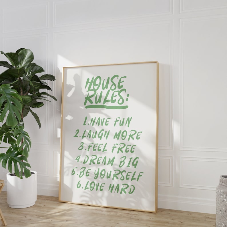 Trendy House Rules Poster, Green Rules Digital Print, Rules Art Print ...