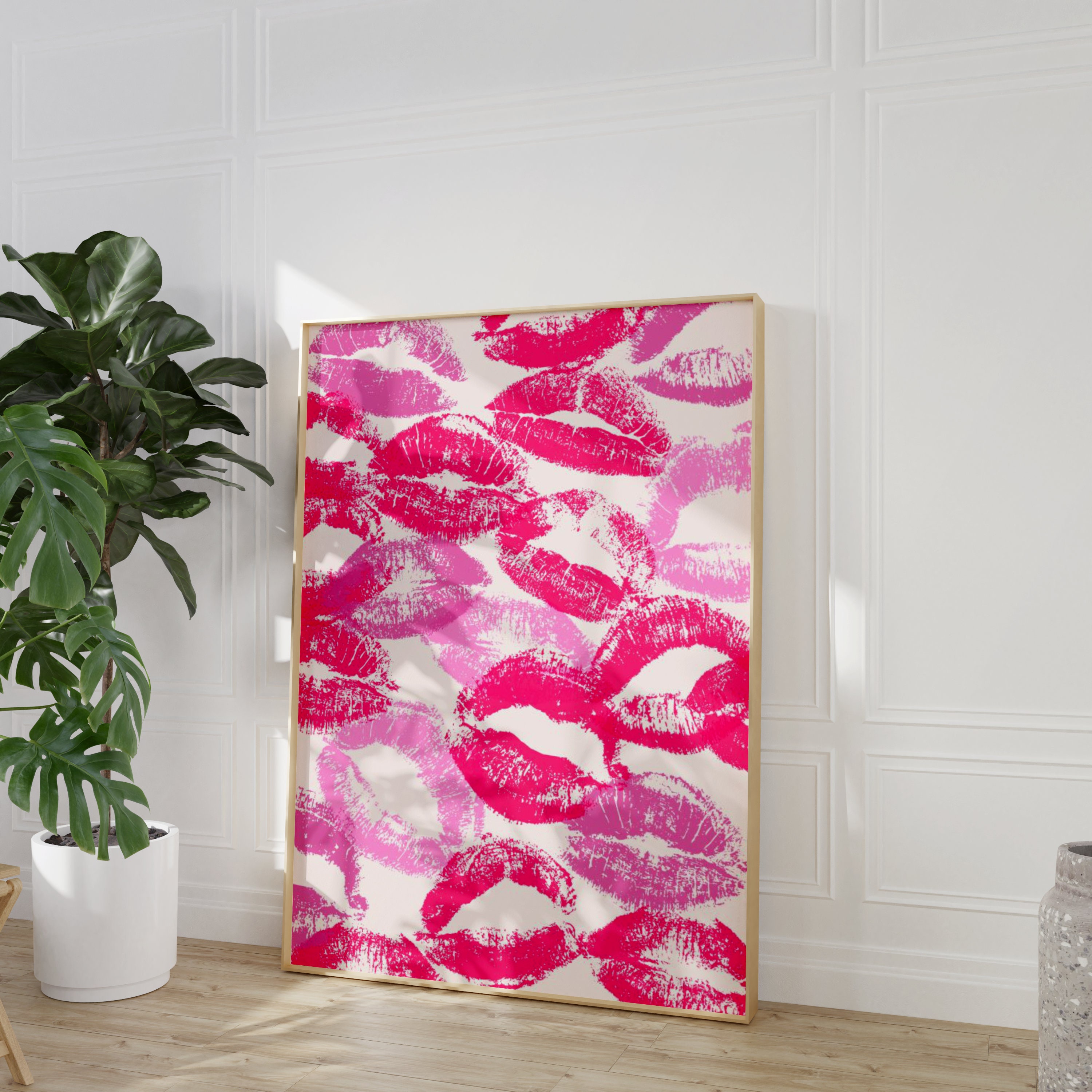 Trendy Lipstick Kisses Print, Y2k Funky Wall Art, Pink Mouth Kisses ...