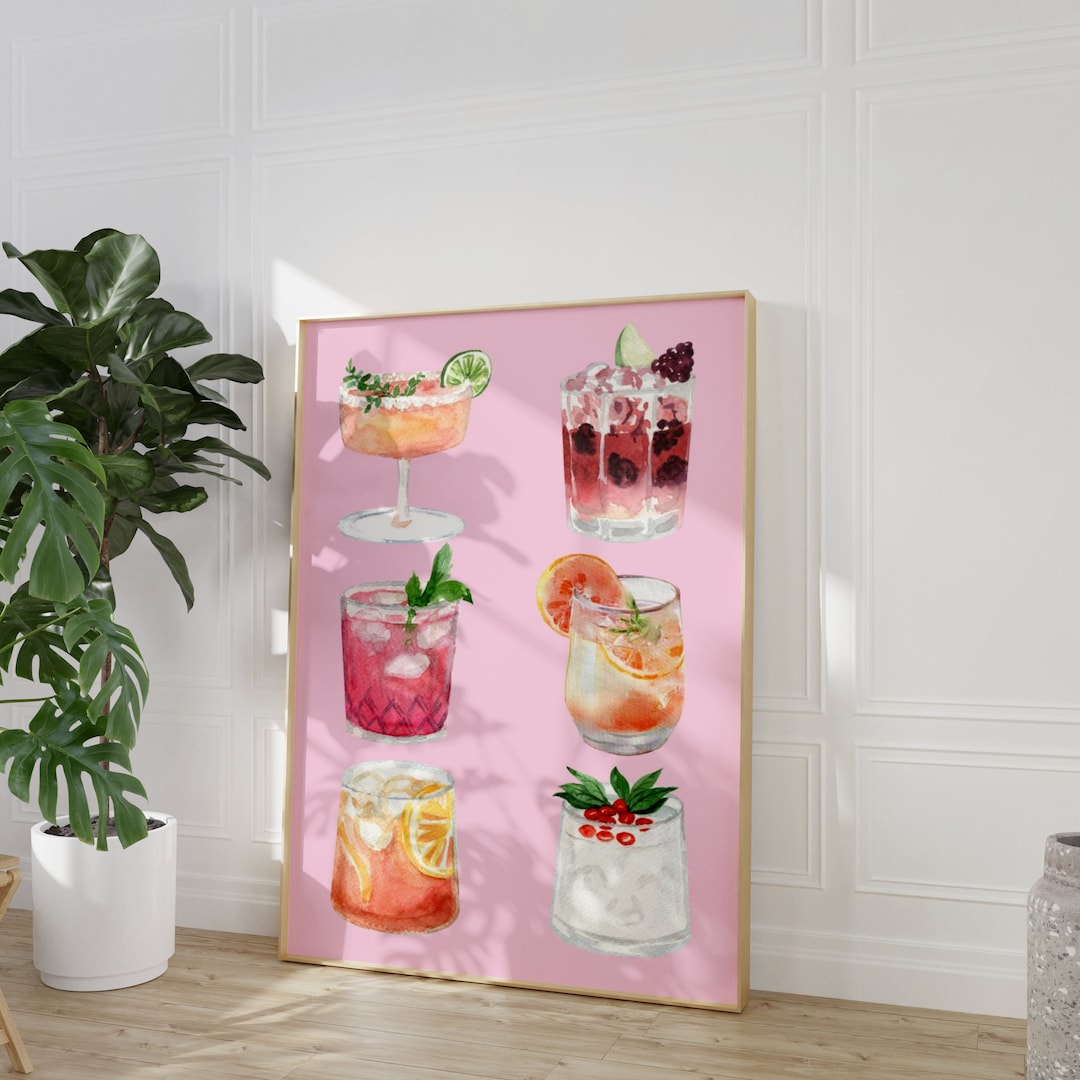 Pink Cocktail Watercolor Print, Dining Room Bar Cart Cool Cozy Cheer ...