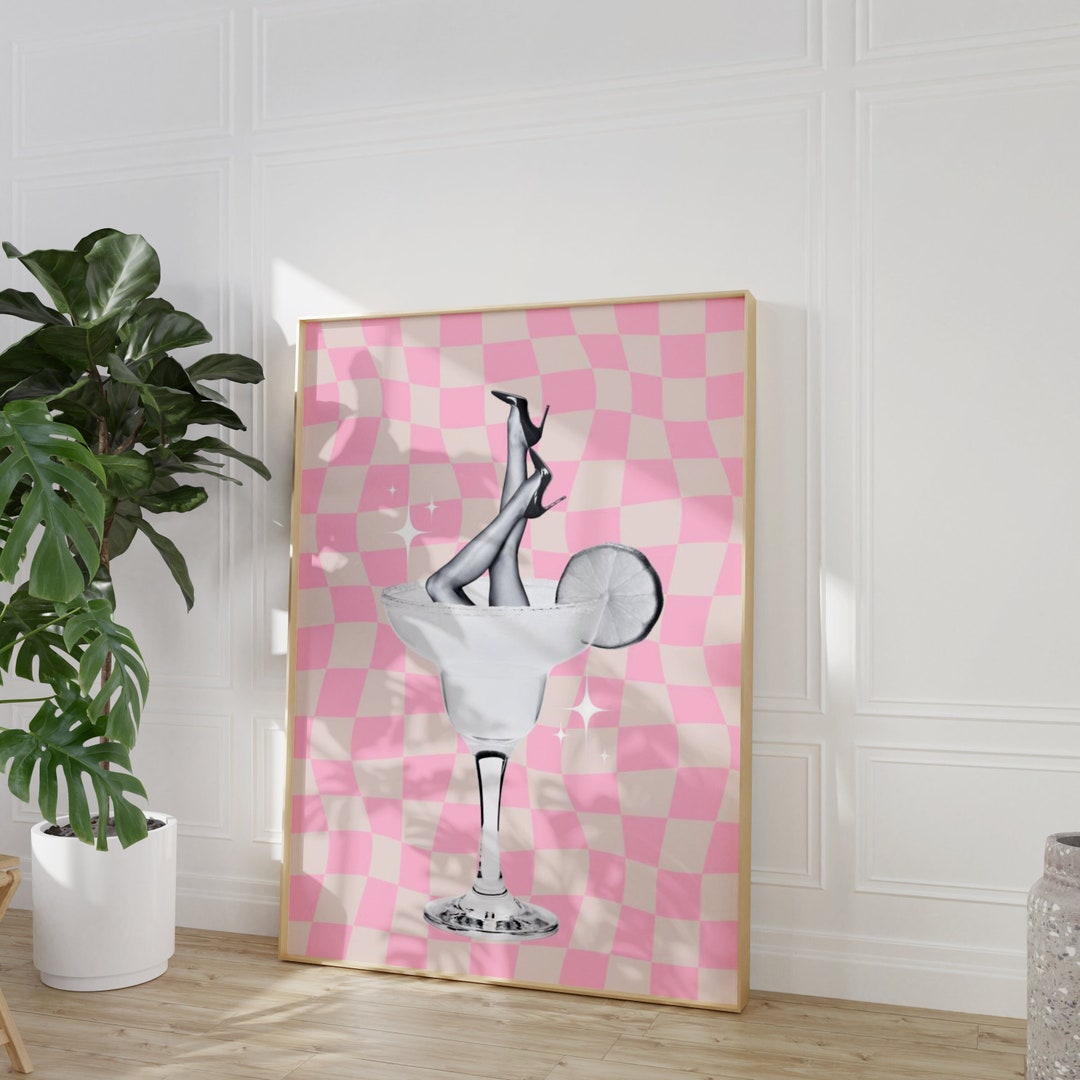 Martini Print, Trendy Pink Checker Board Cocktail High Heel Leg in ...