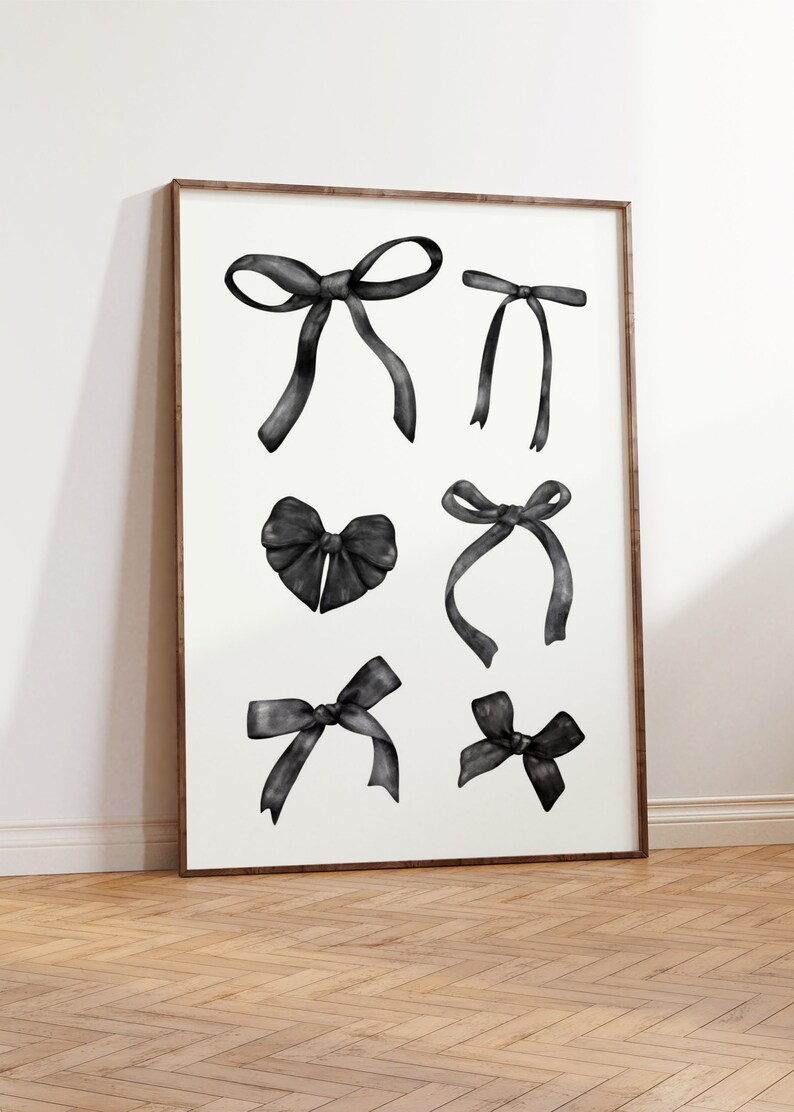 Trendy Black Bow Print, Coquette Cute Girly Wall Art, Preppy Watercolor ...
