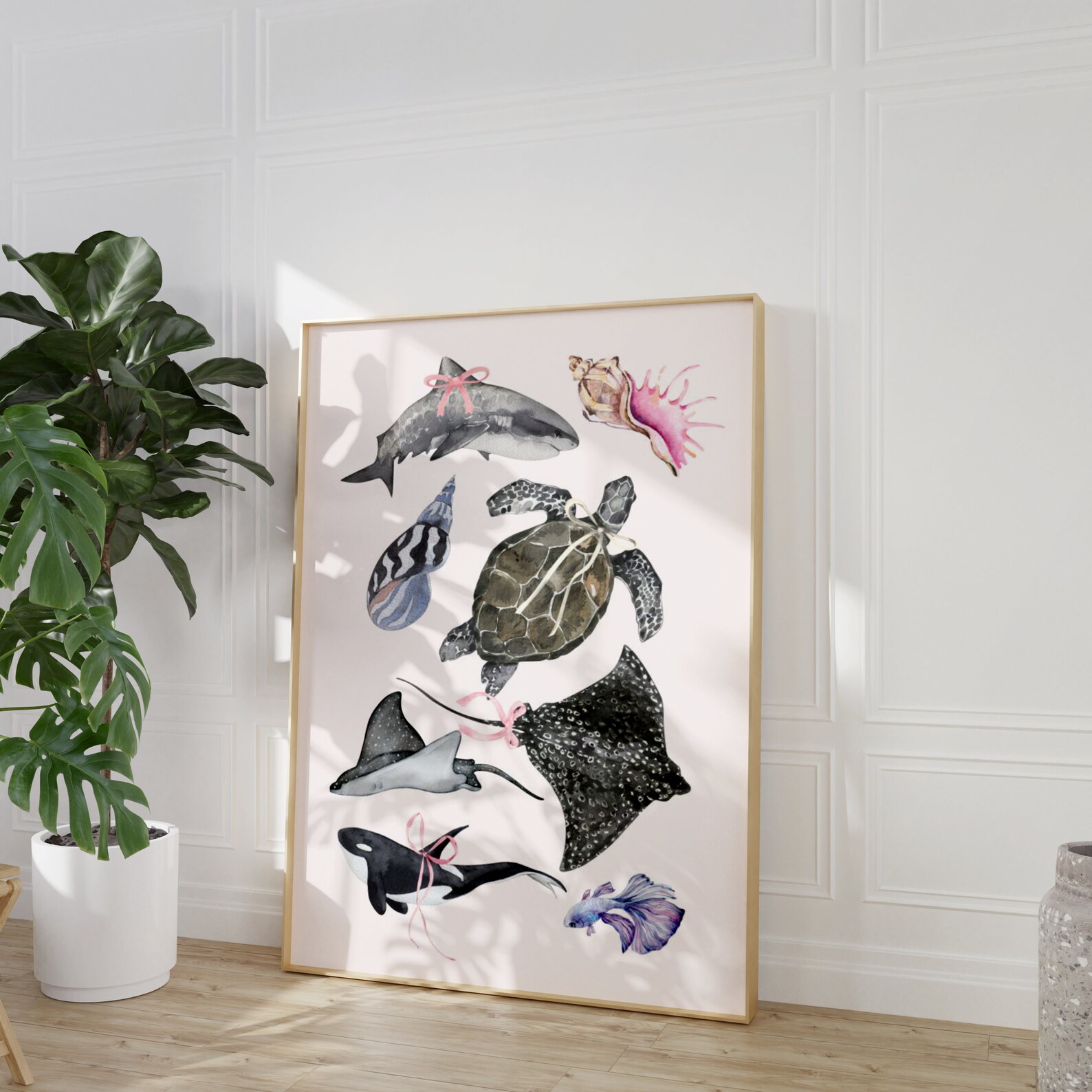 Coquette Sea Animal Bow Watercolor Print Coastal Aesthetic Summer ...