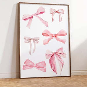 Trendy Pink Bow Print, Coquette Cute Girly Wall Art, Preppy Watercolor ...