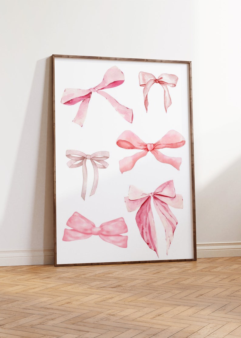 Trendy Pink Bow Print, Coquette Cute Girly Wall Art, Preppy Watercolor ...