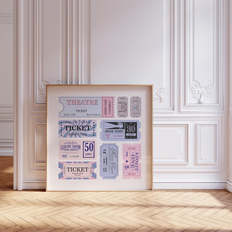 Tickets Print, Trendy Retro Coupon Cinema Theater Ticket, Square Pastel ...