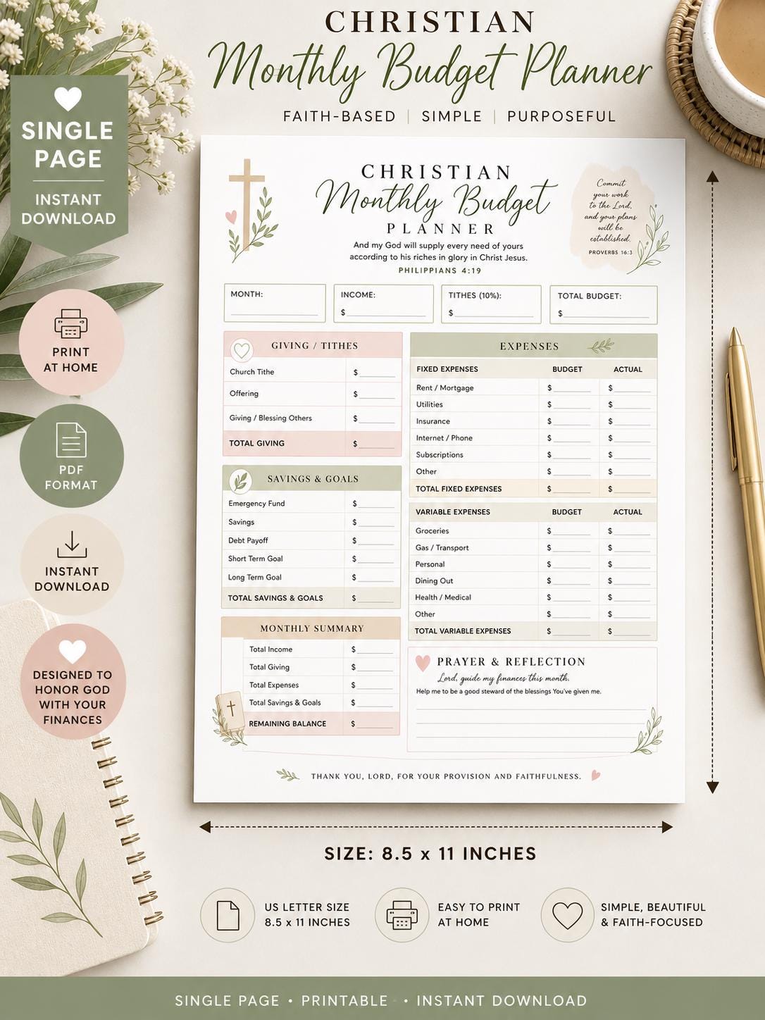 Christian Monthly Budget Planner | Faith-based Tithe Tracker (8.5x11 ...